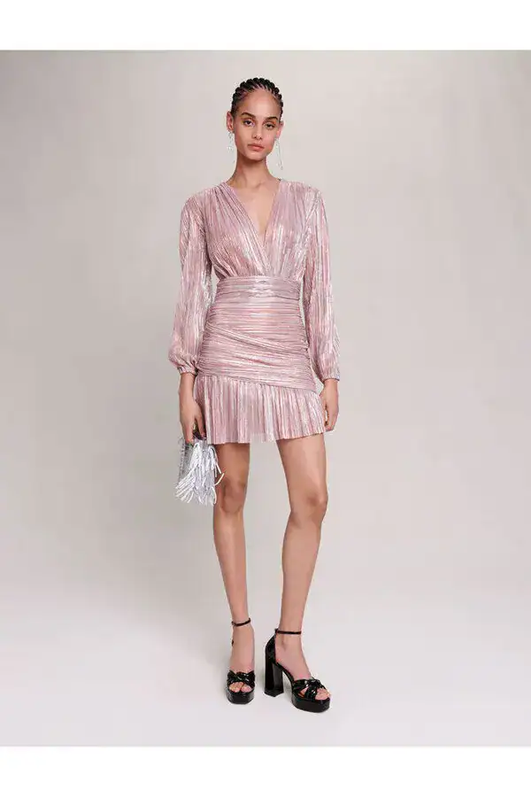 Maje Pleated Metallic Fibre Dress In Pink - 50% Off | Editorialist