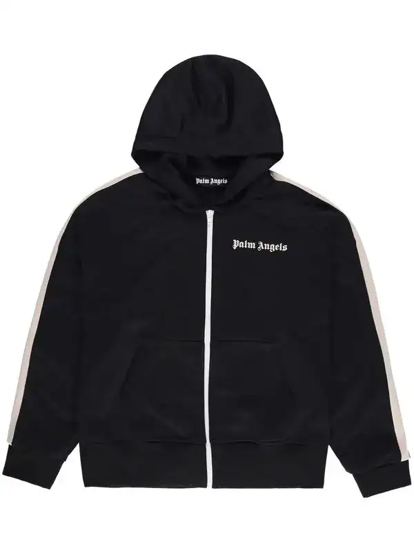Palm Angels Stripe-Detail Zip-Up Hoodie In Black - 50% Off