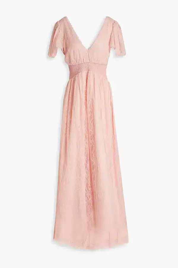 dusty pink lace maxi dress pink v neck tulle lace long prom dress, pink lace evening dress – dresstby main image 1