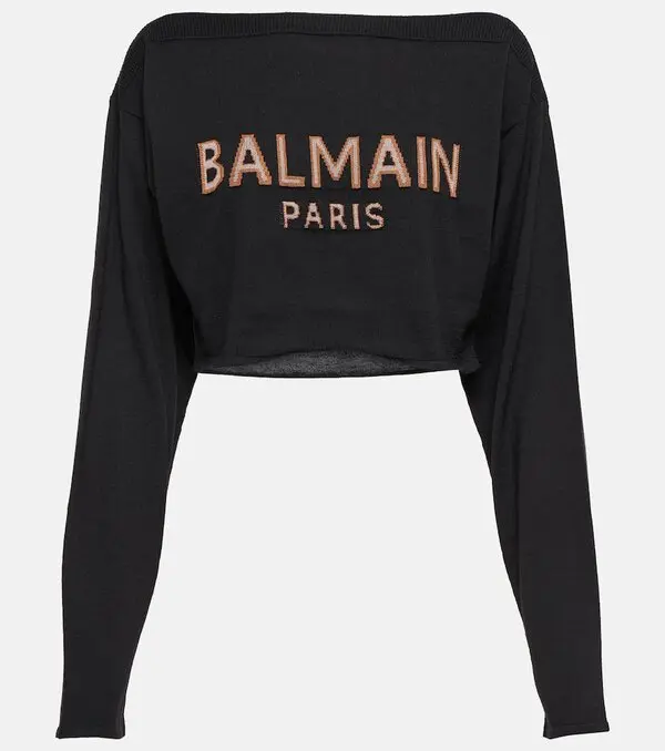 Balmain Cropped Jacquard Wool-blend Sweater