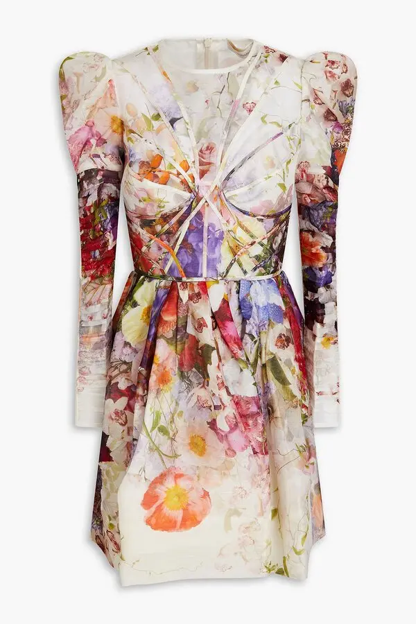 Zimmermann Gathered Floral-print Linen And Silk-blend Mini Dress - Lilac