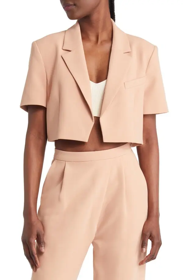Open Edit Short Sleeve Open Front Crop Blazer In Tan Nougat/ Coral