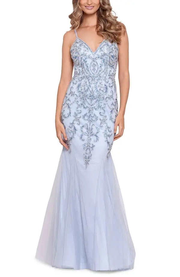 princess polly baby blue dress Xscape Evenings Xscape Embellished Mesh Mermaid Gown In Grey/ Blue - 70%  Off