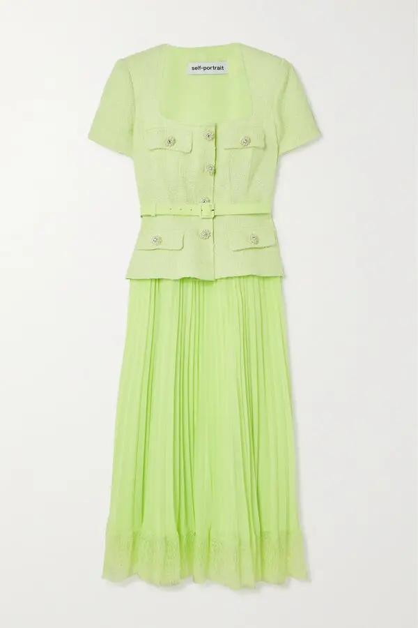 Self-Portrait Belted Embellished Boucl And Lace-Trimmed Pleated Chiffon  Midi Dress In Green - 40% Off | Editorialist