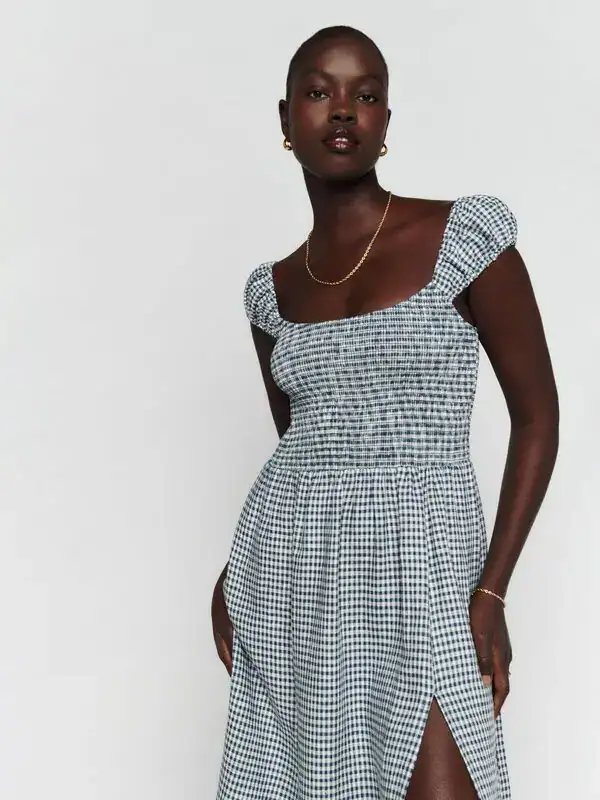 knee length dresses for ladies Grid Check Linen Dress – Sahara main image 1