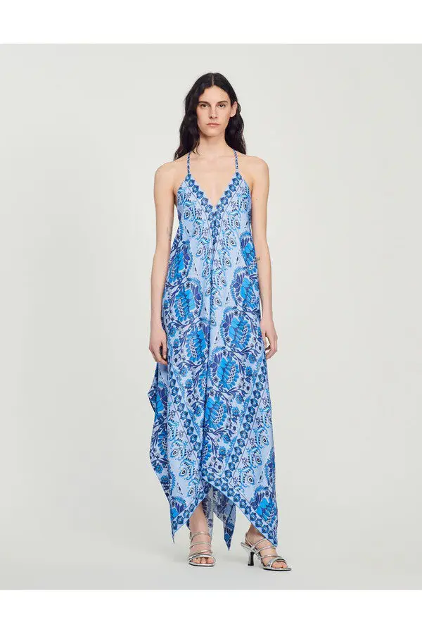 Sandro Long Asymmetric Dress In Blue - 50% Off | Editorialist