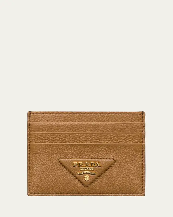 Prada Triangle Logo Leather Card Holder - Caramel