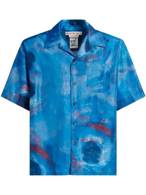 Marni Painterly-print Silk Shirt - Blue