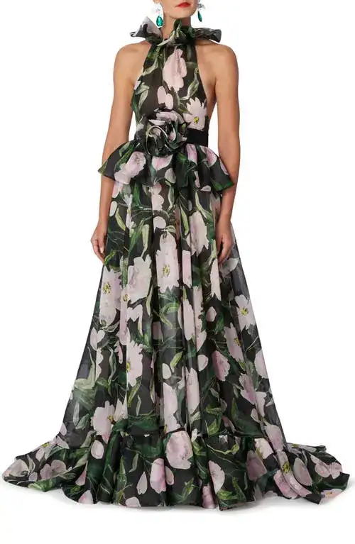 Carolina Herrera Peony Print Halter Neck Silk Organza Gown In Black Multi -  70% Off | Editorialist
