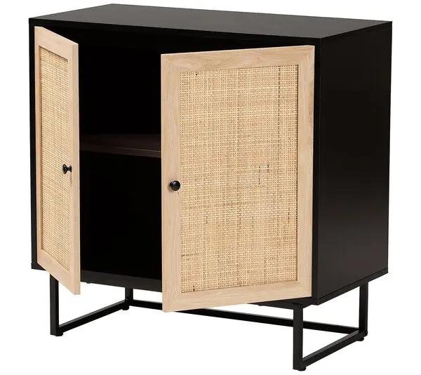 BAXTON STUDIO Declan Wood And Natural Rattan 2-door Storage C Abinet