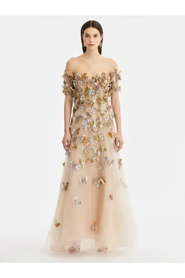 Oscar De La Renta Butterfly Sequin Embroidered Tulle Gown In Gold - 50% Off  | Editorialist