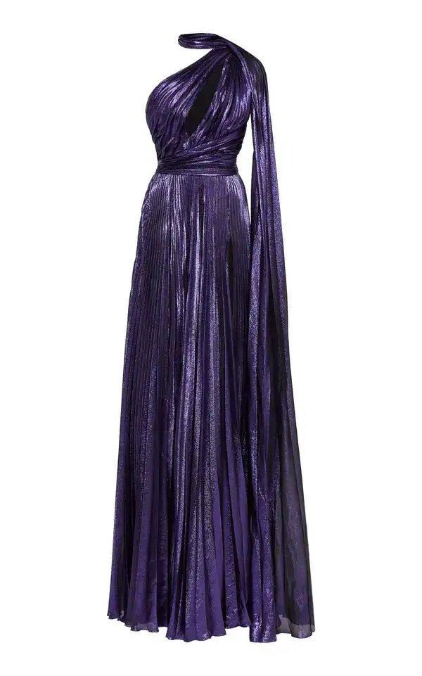 Zuhair Murad One-Shoulder Plissé Silk-Blend Lamé Gown Fr 34