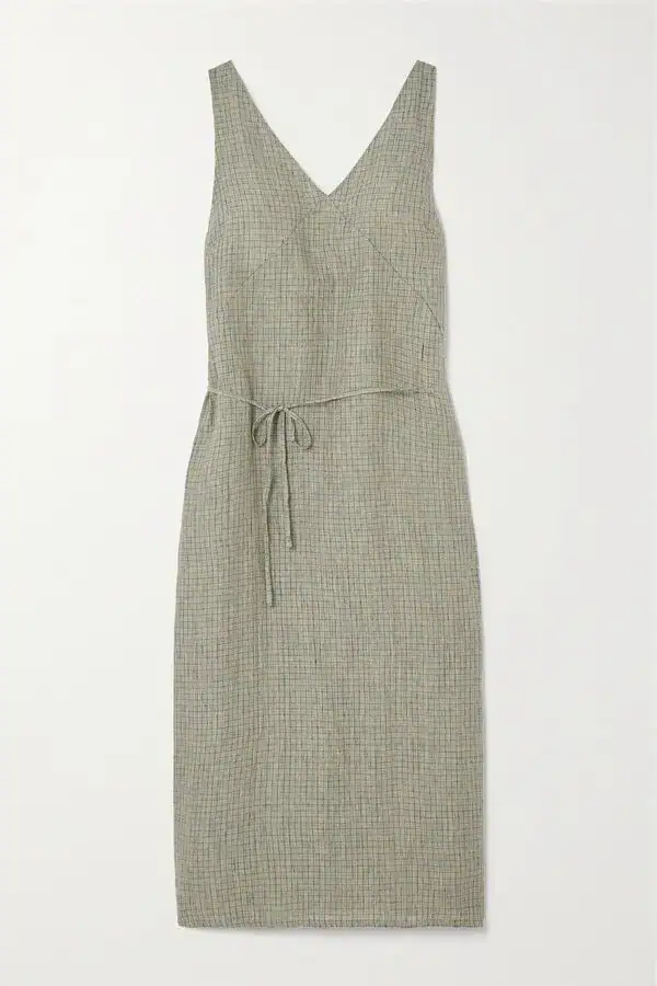Deiji Studios The Slip Belted Checked Linen Midi Dress In Green - 30% Off |  Editorialist