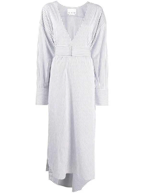 SA SU PHI Stripe-pattern Belted Shirt Dress - White