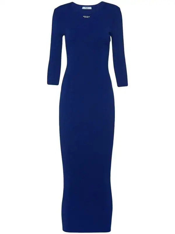 Prada Logo-Embroidered Knitted Midi Dress - Blue | Editorialist