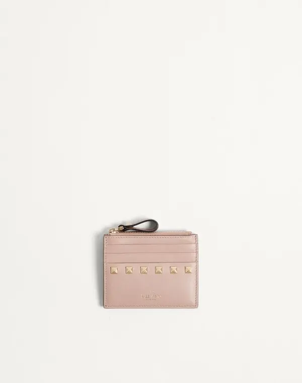 Valentino Garavani Rockstud Calfskin Cardholder With Zip - Poudre