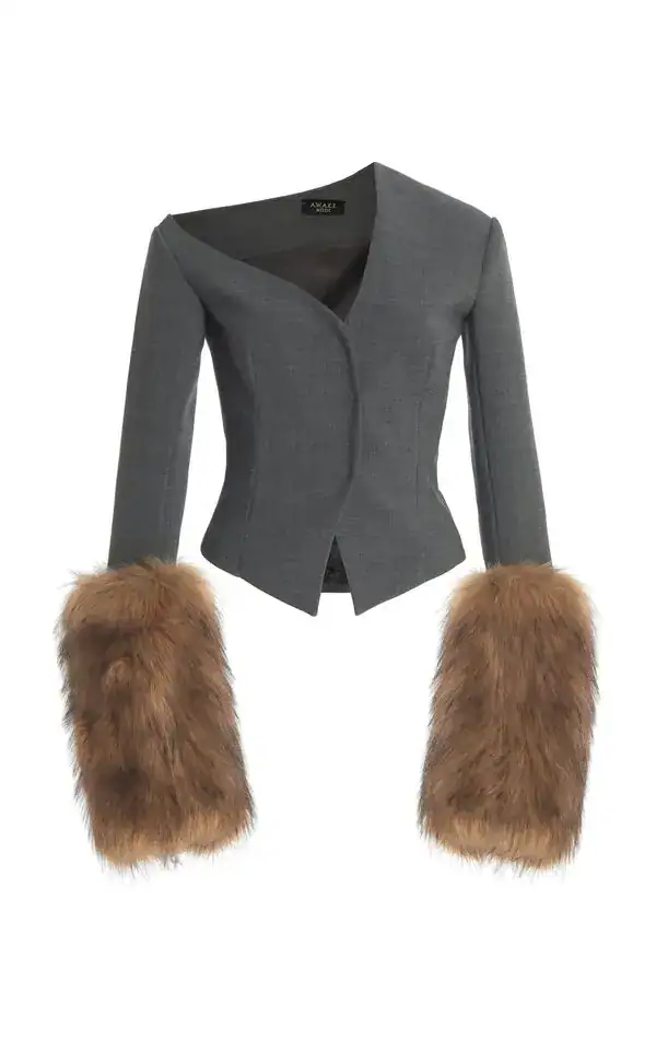 A.W.A.K.E. Mode Asymmetric Faux Fur-Trimmed Jacket In Grey - 61