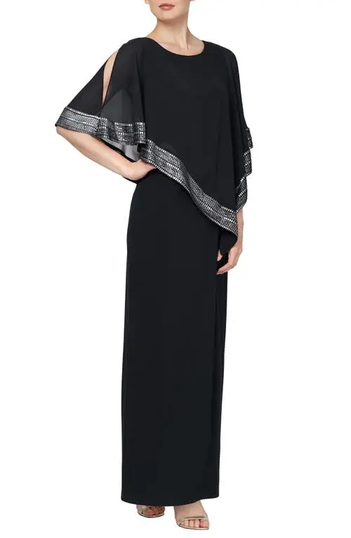 SL FASHIONS Asymmetrical Foil Trim Cape Dress - Blk Sil