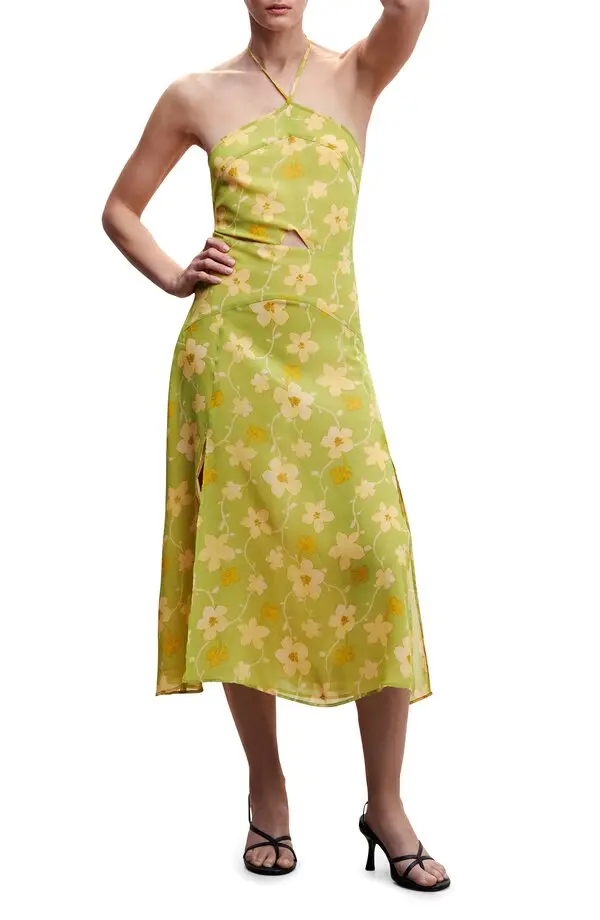 Mango Floral Cutout Halter Dress - Green | Editorialist