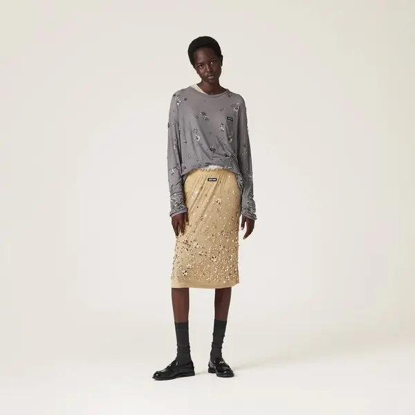 Miu Miu Embroidered Gart-Dyed Ribbed Knit Jersey Dress - Lead Gray |  Editorialist