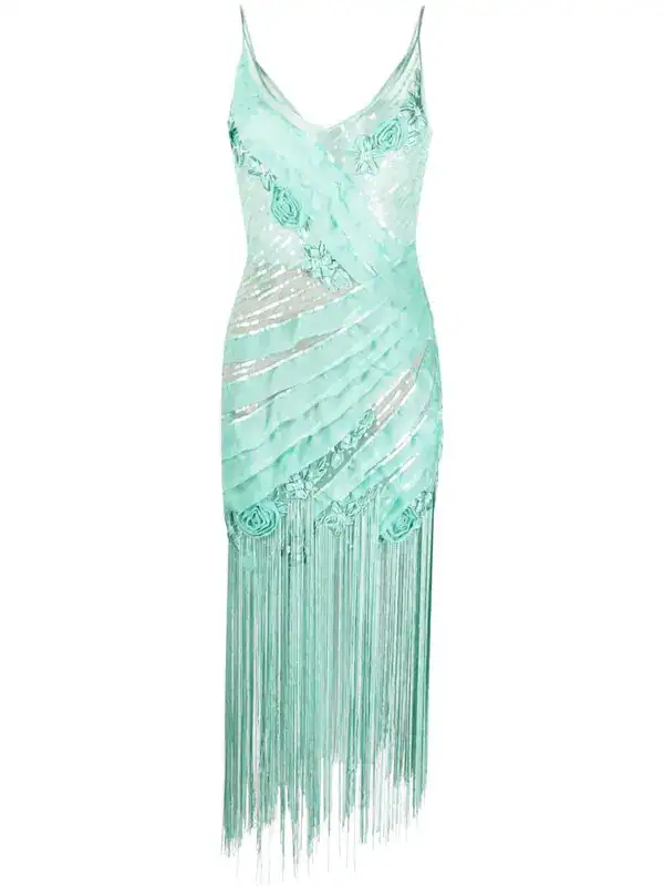 Amen Embroidered Fringe Midi Dress - Green | Editorialist