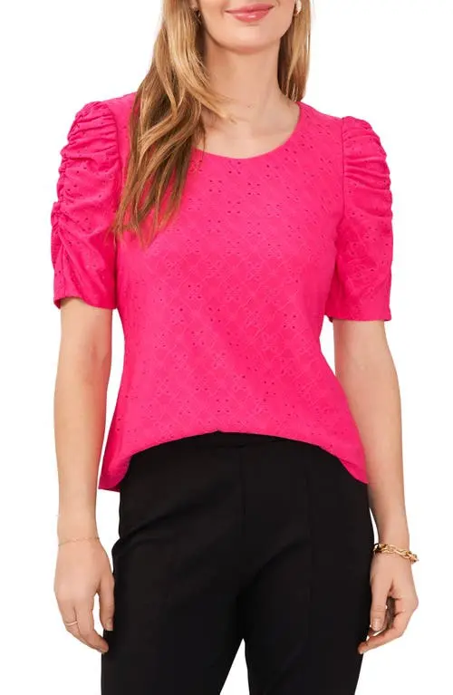 Chaus Eyelet Ruched-sleeve Knit Top - Bright Rose