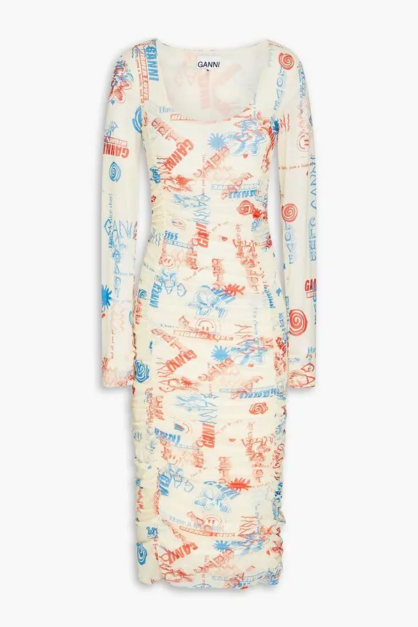 GANNI Printed Stretch-mesh Midi Dress - Cream