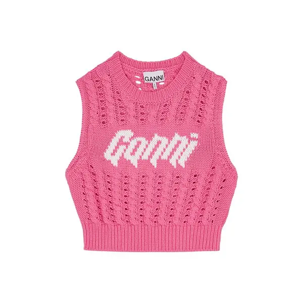 Ganni Logo-Intarsia Cropped Chunky-Knit Vest S In Pink 51% Off