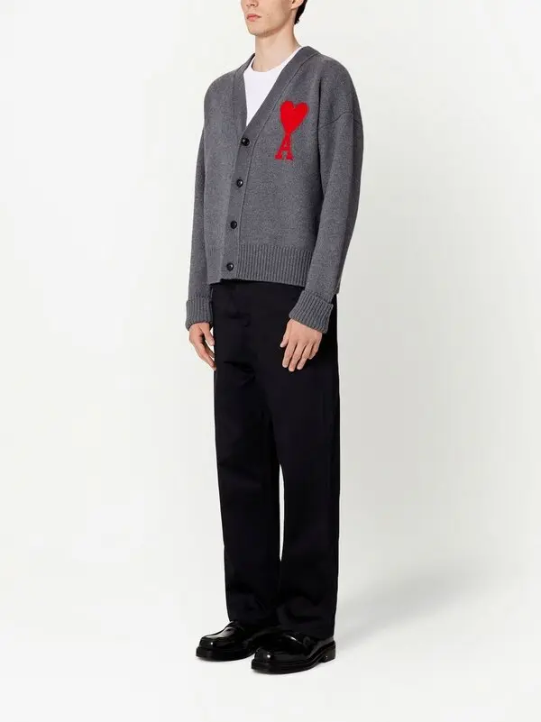 Ami Logo Intarsia Wool Cardigan - Grey