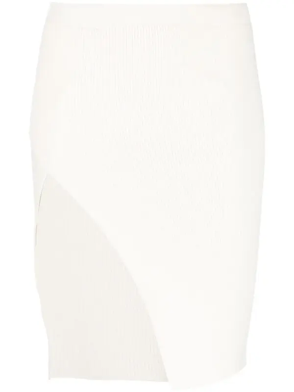 LANEUS Ribbed Knit Asymmetric Midi Skirt - White