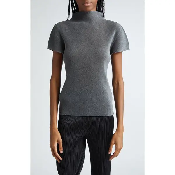Issey Miyake Basics Pleated Funnel Neck Top - Light Gray