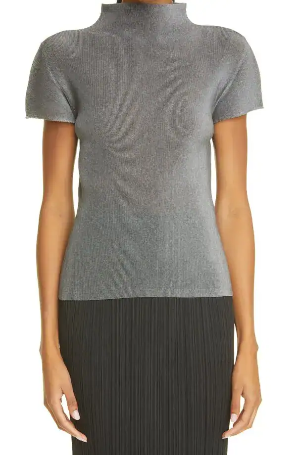 Issey Miyake Mist Basics Pleated Funnel Neck Top - Light Grey 