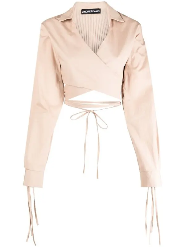 ANDREĀDAMO Cropped Wrap Blouse - Brown