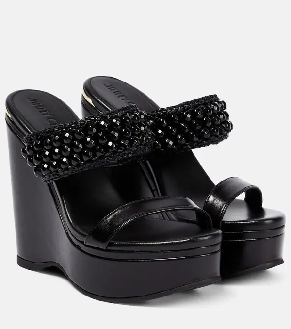JIMMY CHOO Amoure Wedge 130 Leather Sandals - Black