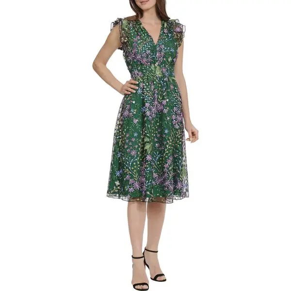 Maggy London Floral Embroidered Tulle Dress - Lavender/Green | Editorialist