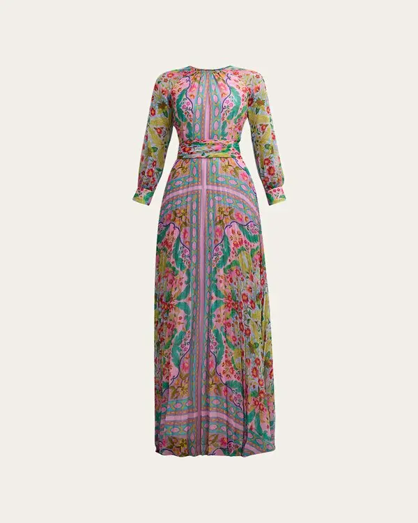 Rickie Freeman For Teri Jon Pleated Floral-print Chiffon Gown - Pink Multi