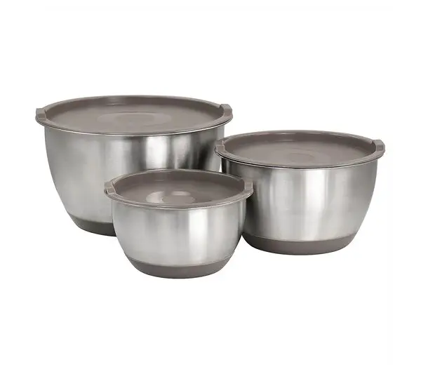 MARTHA STEWART 3-piece Stainless-steel Mixing Bowl Set With Lids In Taupe