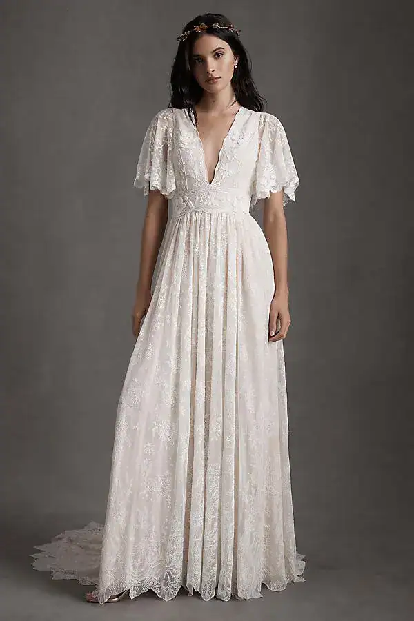 Lace Bhldn Celestina Dress Bhldn Katarina Butterfly-Sleeve V-Neck