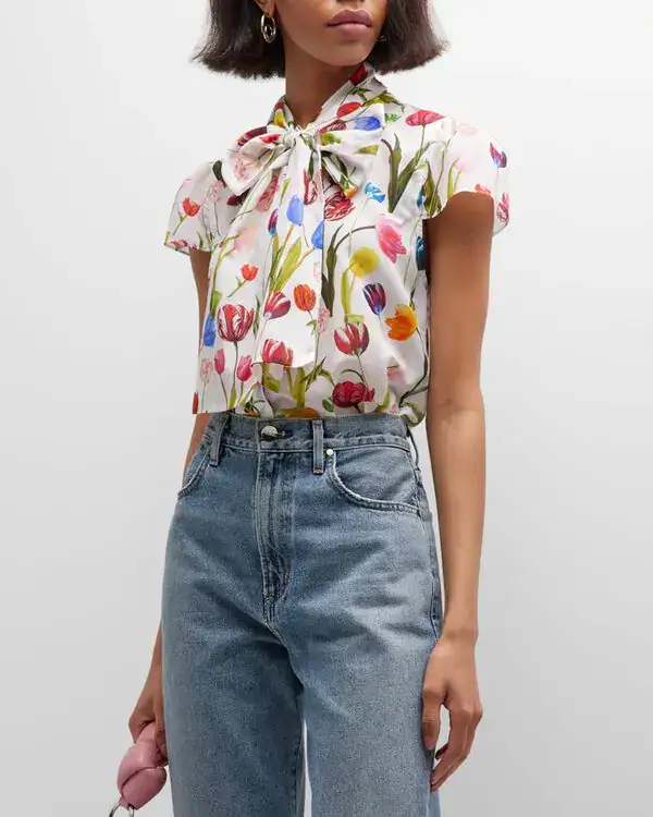 Alice + Olivia Jeannie Bow-Collar Button-Front Blouse In Kiss My 