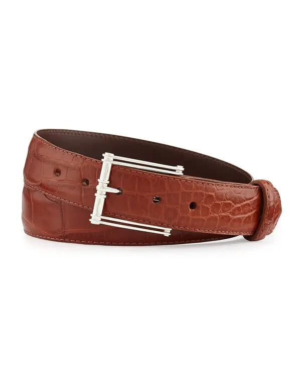 W.KLEINBERG Matte Alligator Belt With Sterling Silver Buckle - Cognac