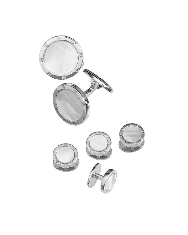JAN LESLIE Round Mother-of-pearl Cuff Link And Stud Set - Mother Of Pearl