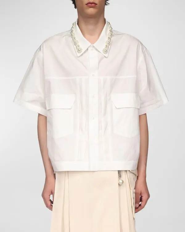 Buy Simone Rocha Pleated Shirt With Embellished Collar - Ivory/pearl At ...