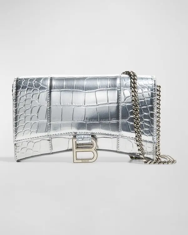 Balenciaga Hourglass Metallic Moc-croc Chain Wallet - 8110 Silver