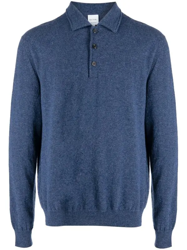 Paul Smith Long-Sleeved Knitted Polo Shirt In Blue 61% Off