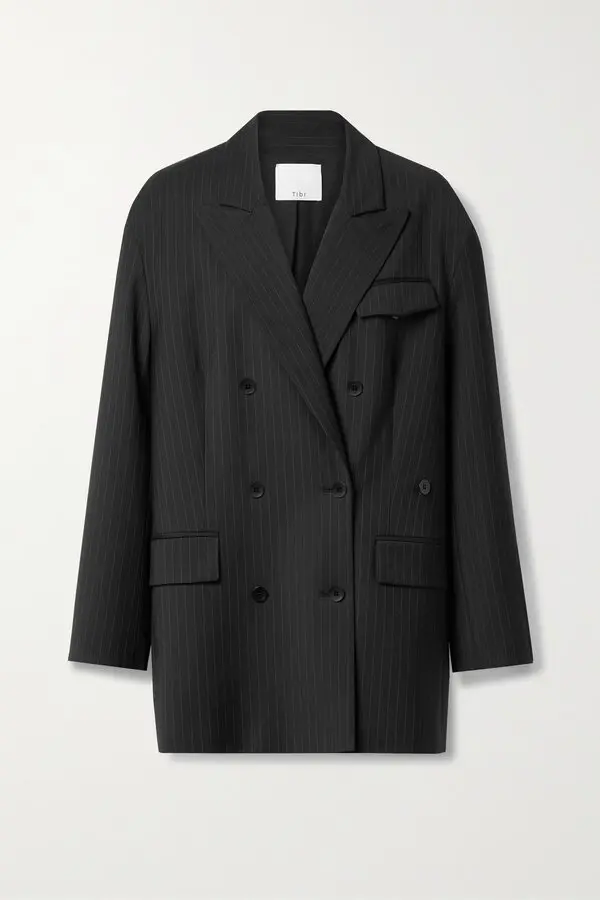Tibi Pinstriped Double-Breasted Wool-Blend Blazer In Black - 30% Off ...