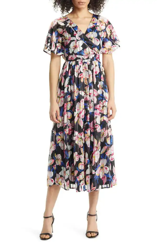 open lace back dress Women's Chandler Empire Pleated Polyester Midi Dress XS/S/M/L/Customize Black Floral Mean Blvd L / Black / Floral main image 0