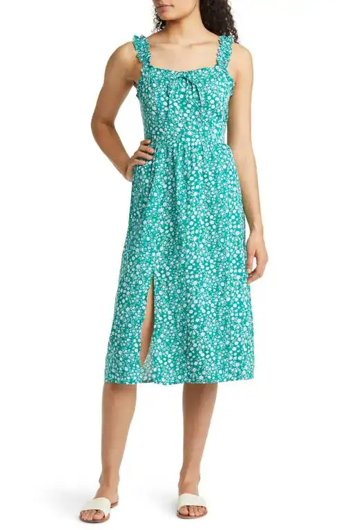 Harlow & Rose Floral Elastic Ruffle Strap A-Line Dress - Green |  Editorialist