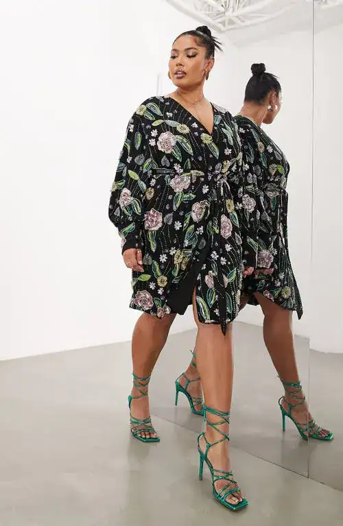 Asos Edition Curve Floral Beaded Long Sleeve Dress In Black - 61% Off |  Editorialist