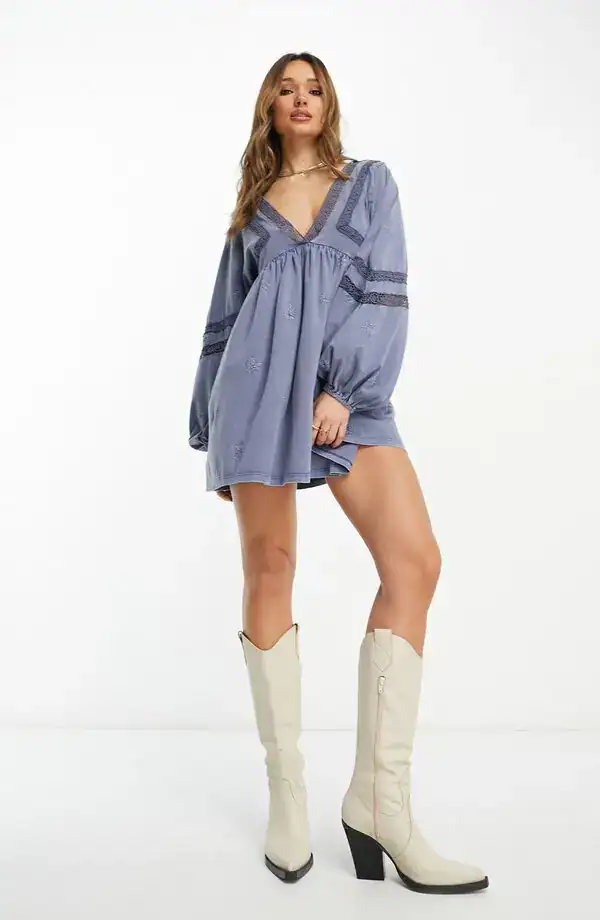 Asos Floral Embroidered Long Sleeve Babydoll Dress - Light Blue |  Editorialist