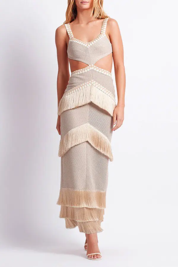 PatBO Metallic Knit Maxi Dress With Fringe Trim